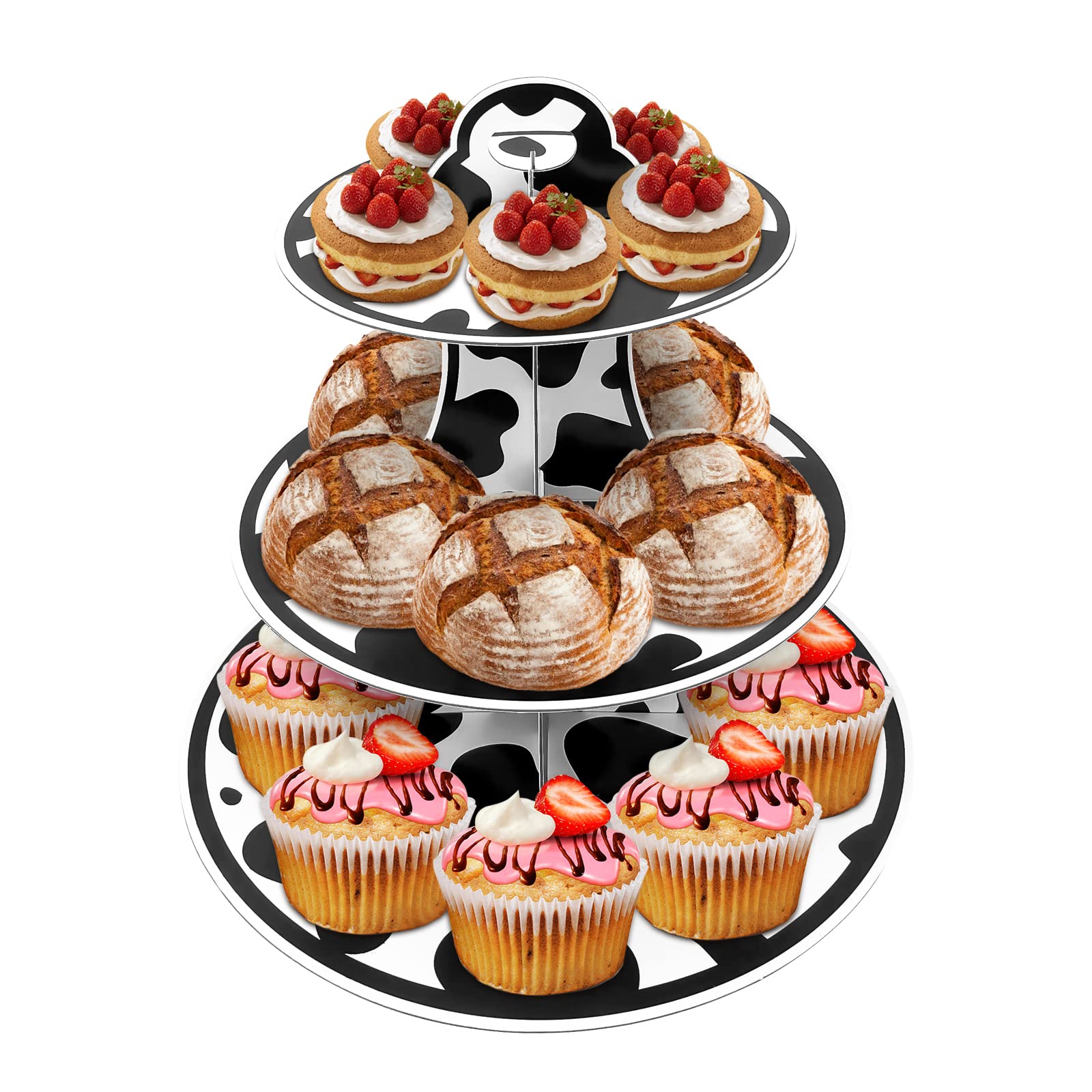 Cow Print Cardboard Cupcake Stand,3 Tier Farm Animal Cow Print Round Cupcake Holder Farm Cow Themed Party Decorations for Birthday Party Decorations Cow Party Supplies