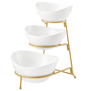 hblife 3 tier oval bowl set with metal rack, ceramic fruit bowl serving, tiered serving stand for dessert appetizer cake candy chip dip (gold)