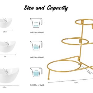 HBlife 3 Tier Oval Bowl Set with Metal Rack, Ceramic Fruit Bowl Serving, Tiered Serving Stand for Dessert Appetizer Cake Candy Chip Dip (Gold)