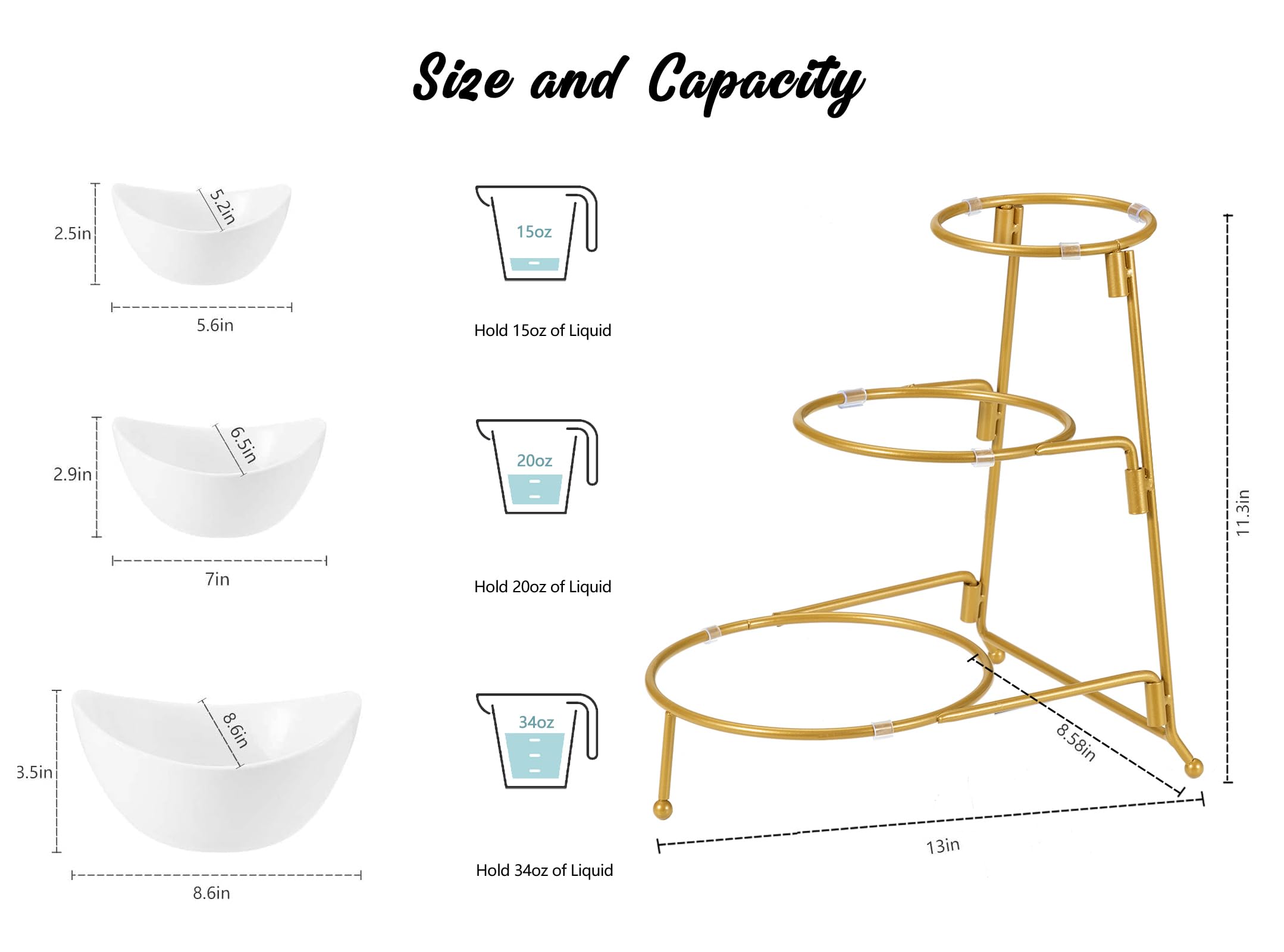 HBlife 3 Tier Oval Bowl Set with Metal Rack, Ceramic Fruit Bowl Serving, Tiered Serving Stand for Dessert Appetizer Cake Candy Chip Dip (Gold)