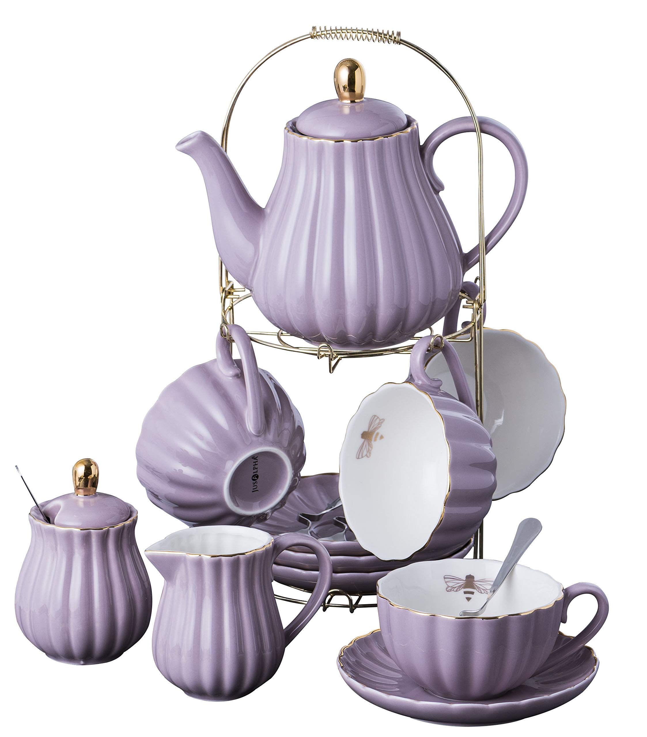 Jusalpha Fine China 8 OZ Purple Coffee Cup/Teacup, Saucer, Spoons, Teapot and Creamer set, 17-Pieces (FD-TW17PC SET, Purple)