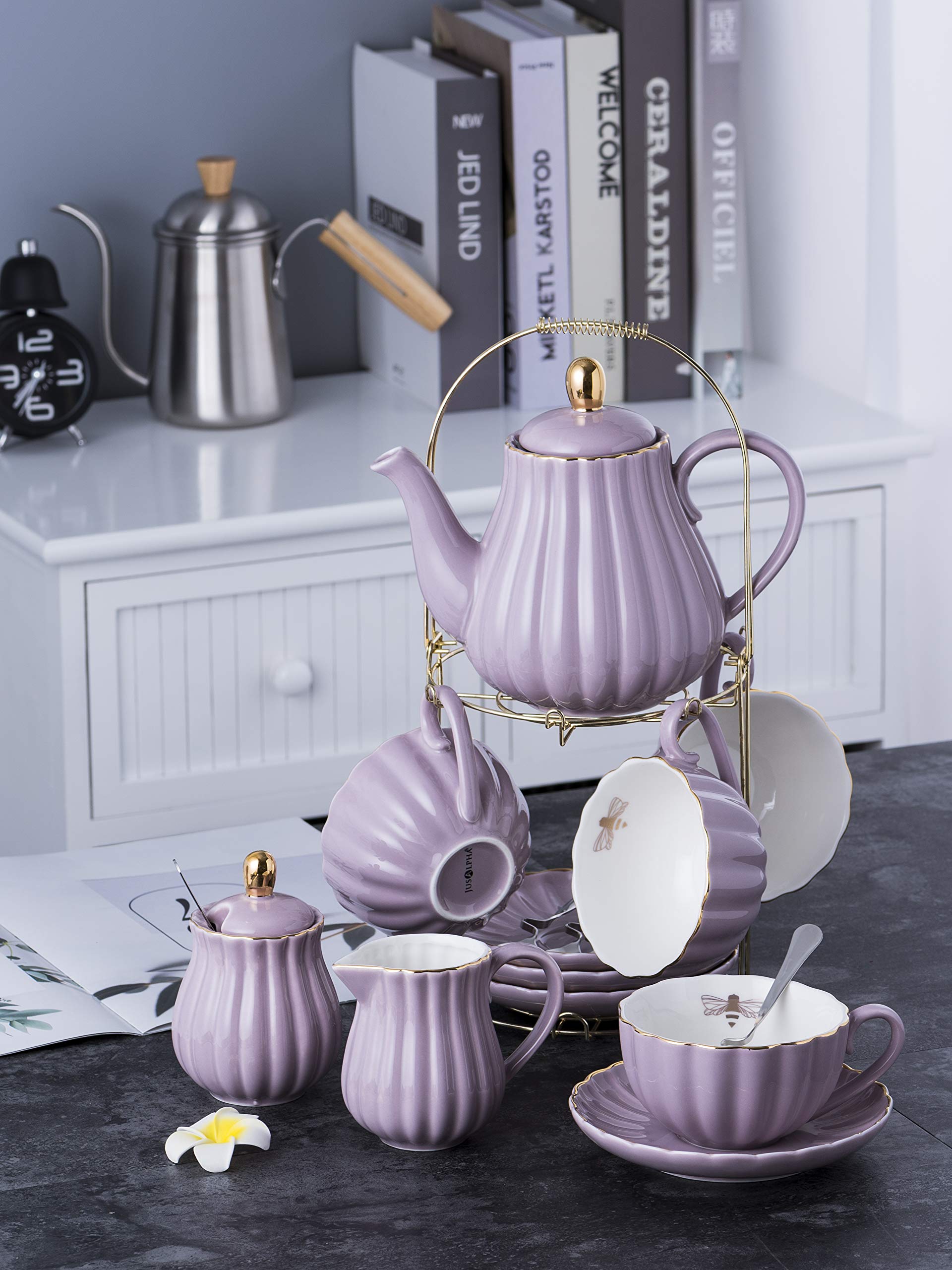 Jusalpha Fine China 8 OZ Purple Coffee Cup/Teacup, Saucer, Spoons, Teapot and Creamer set, 17-Pieces (FD-TW17PC SET, Purple)