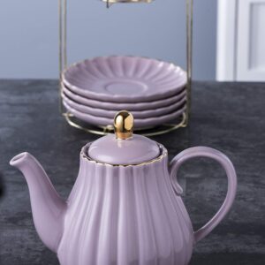 Jusalpha Fine China 8 OZ Purple Coffee Cup/Teacup, Saucer, Spoons, Teapot and Creamer set, 17-Pieces (FD-TW17PC SET, Purple)