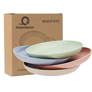 shopwithgreen wheat plastic reusable dinner plates, camping outdoor plates sets, for kitchen, dorm room, microwave dishwasher safe, unbreakable and lightweight, 7.8 inch, 4 pcs