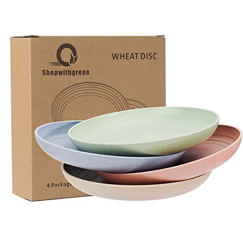 shopwithgreen Wheat Plastic Reusable Dinner Plates, Camping Outdoor Plates Sets, for Kitchen, Dorm Room, Microwave Dishwasher Safe, Unbreakable and Lightweight, 7.8 Inch, 4 PCS