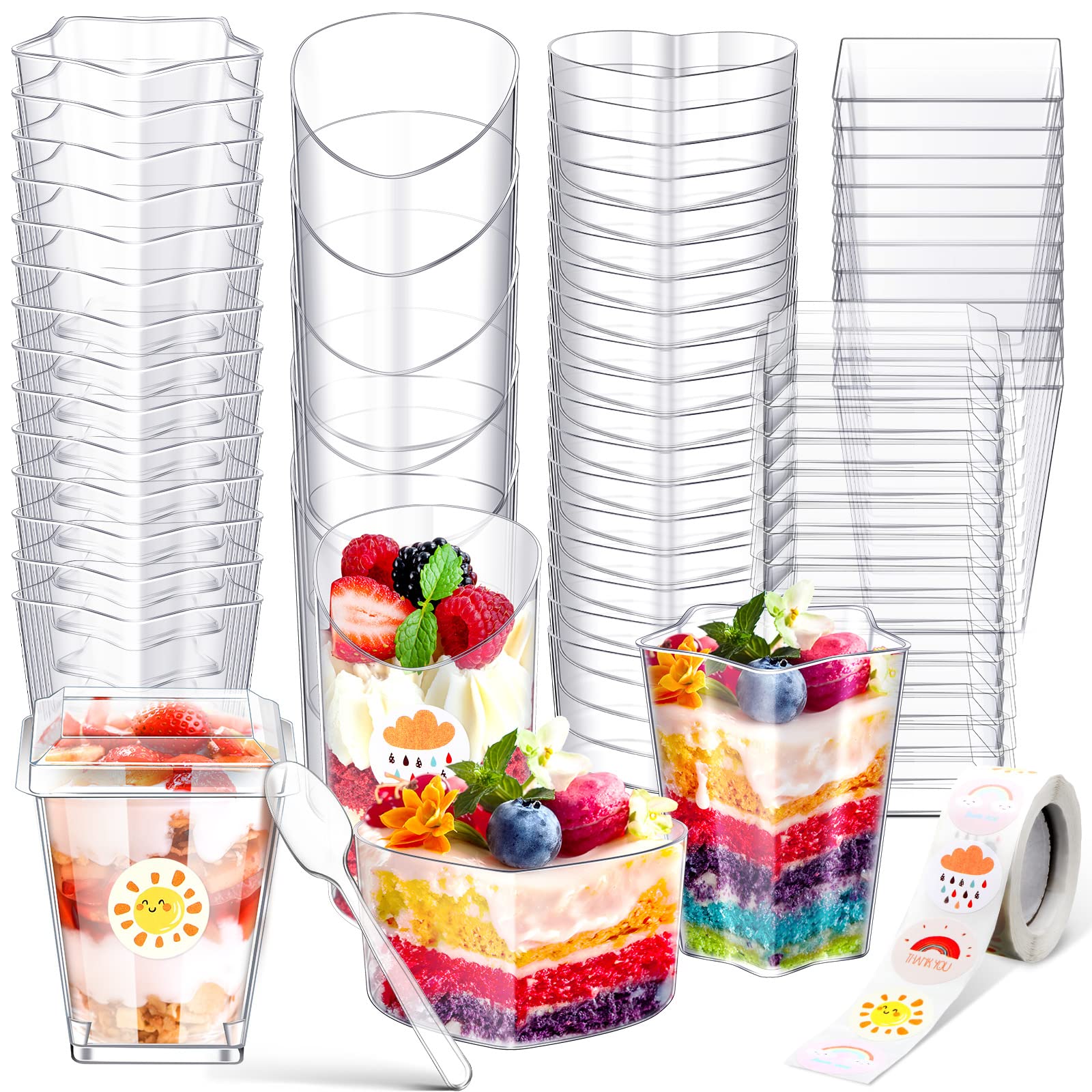 60 Pcs Clear Plastic Dessert Cups with Lids and Spoons Set Party Mini Square Heart Parfait Cups Slanted Round Fruit Pudding Pentagram Appetizer Cups Shooter Cups Dessert Containers and Stickers