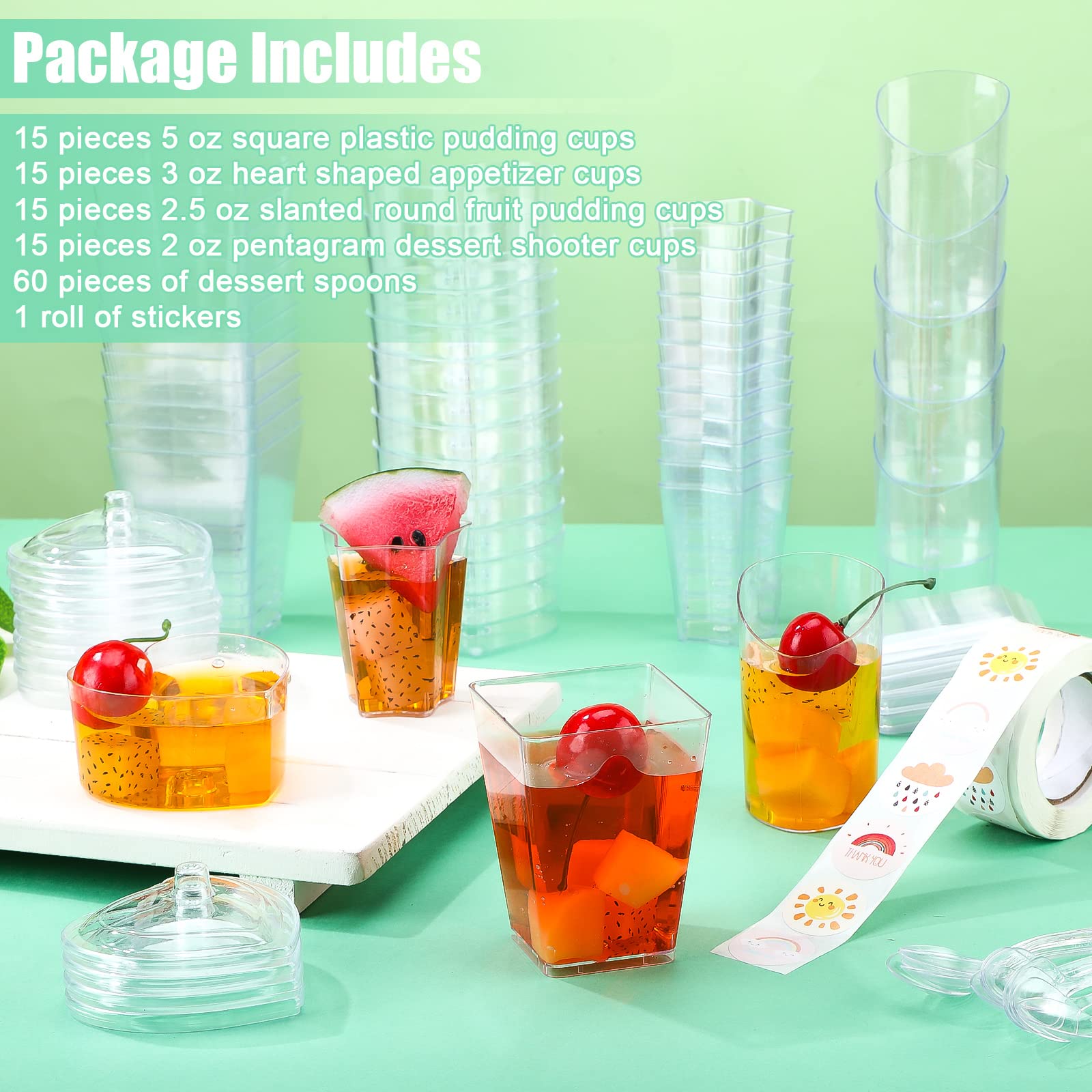 60 Pcs Clear Plastic Dessert Cups with Lids and Spoons Set Party Mini Square Heart Parfait Cups Slanted Round Fruit Pudding Pentagram Appetizer Cups Shooter Cups Dessert Containers and Stickers