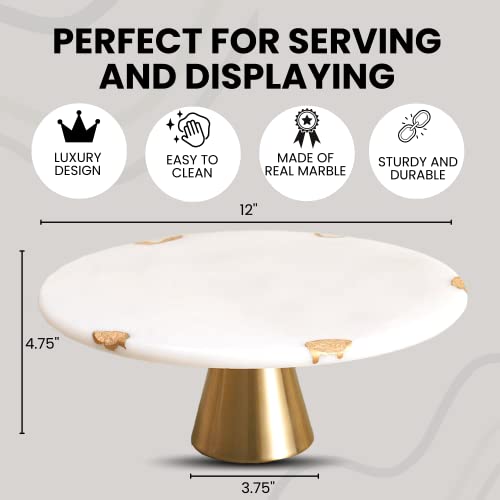 BALIN DESIGNS Cake Stand - 12" Round White Marble with Gold Accent Dessert and Cupcake Serving Display - Perfect for Weddings, Showers, Anniversaries, Parties, or Modern Home Decor (White Marble)