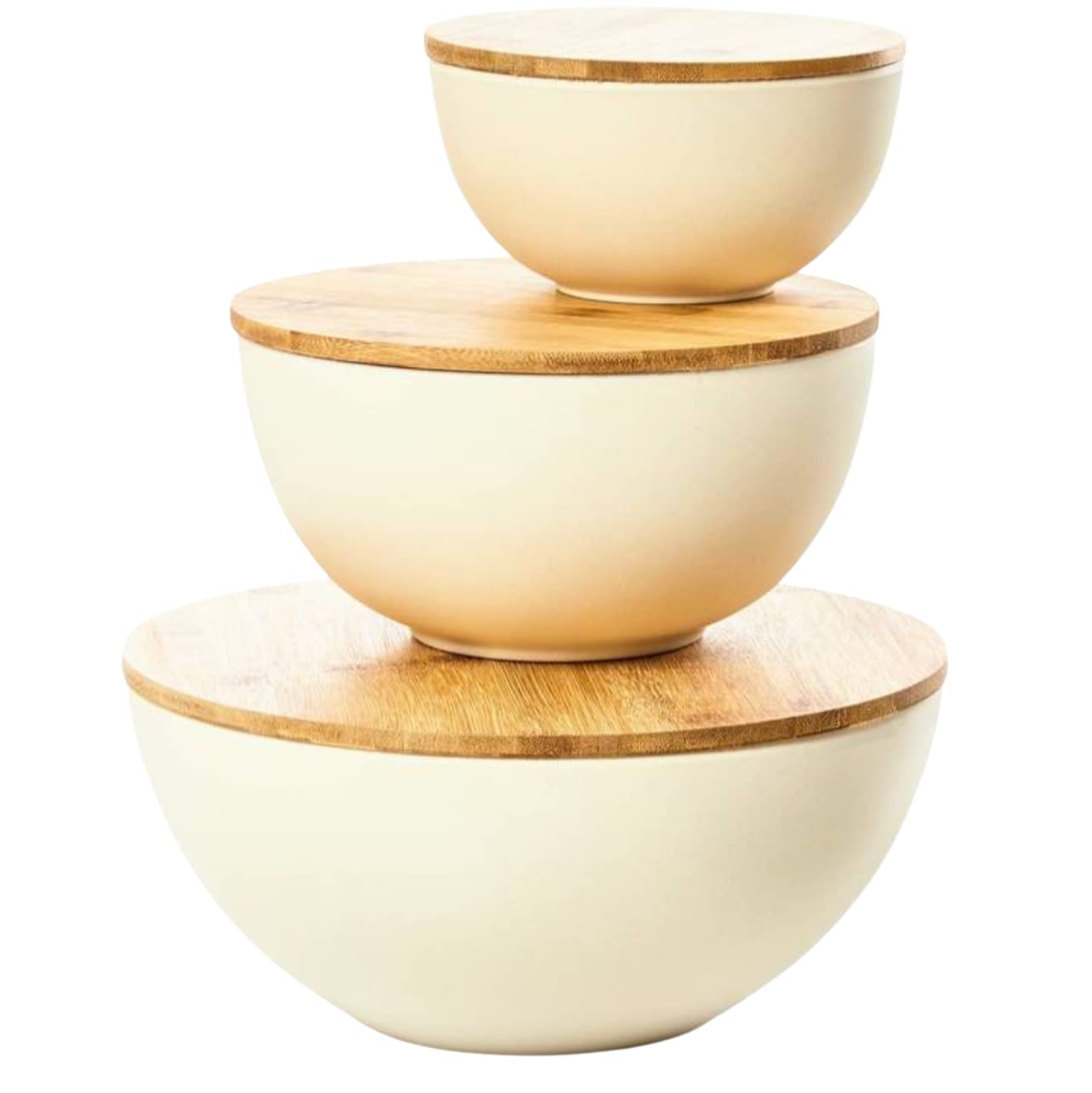 Large Bamboo Salad Bowl Set with Cutting Board Lids and Serving Utensils - Small, Medium and Big Salad Bowl with Lid - White Dish Set - Bamboo Mixing Bowls Set for Chips, Dip, Fruit, Popcorn, Parties