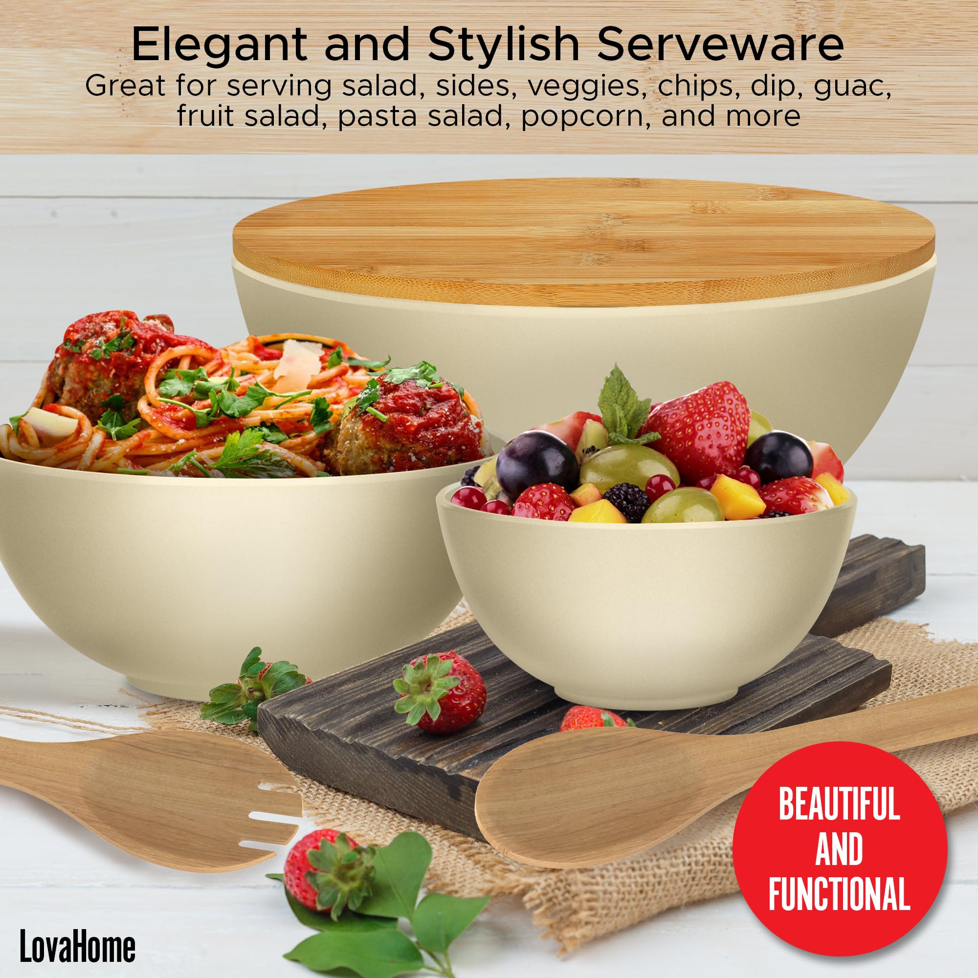 Large Bamboo Salad Bowl Set with Cutting Board Lids and Serving Utensils - Small, Medium and Big Salad Bowl with Lid - White Dish Set - Bamboo Mixing Bowls Set for Chips, Dip, Fruit, Popcorn, Parties