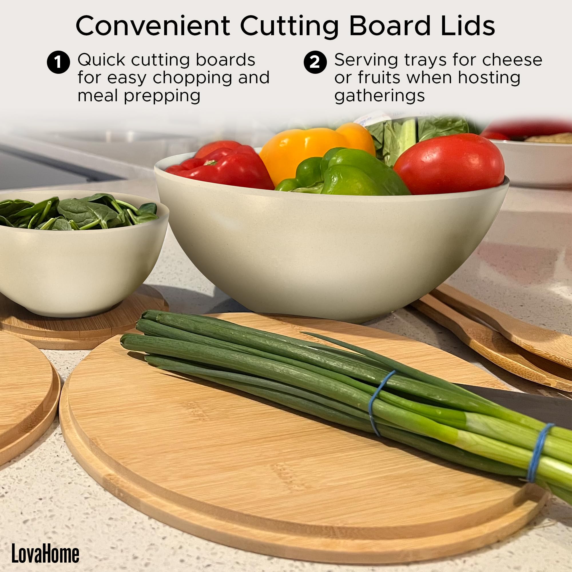 Large Bamboo Salad Bowl Set with Cutting Board Lids and Serving Utensils - Small, Medium and Big Salad Bowl with Lid - White Dish Set - Bamboo Mixing Bowls Set for Chips, Dip, Fruit, Popcorn, Parties