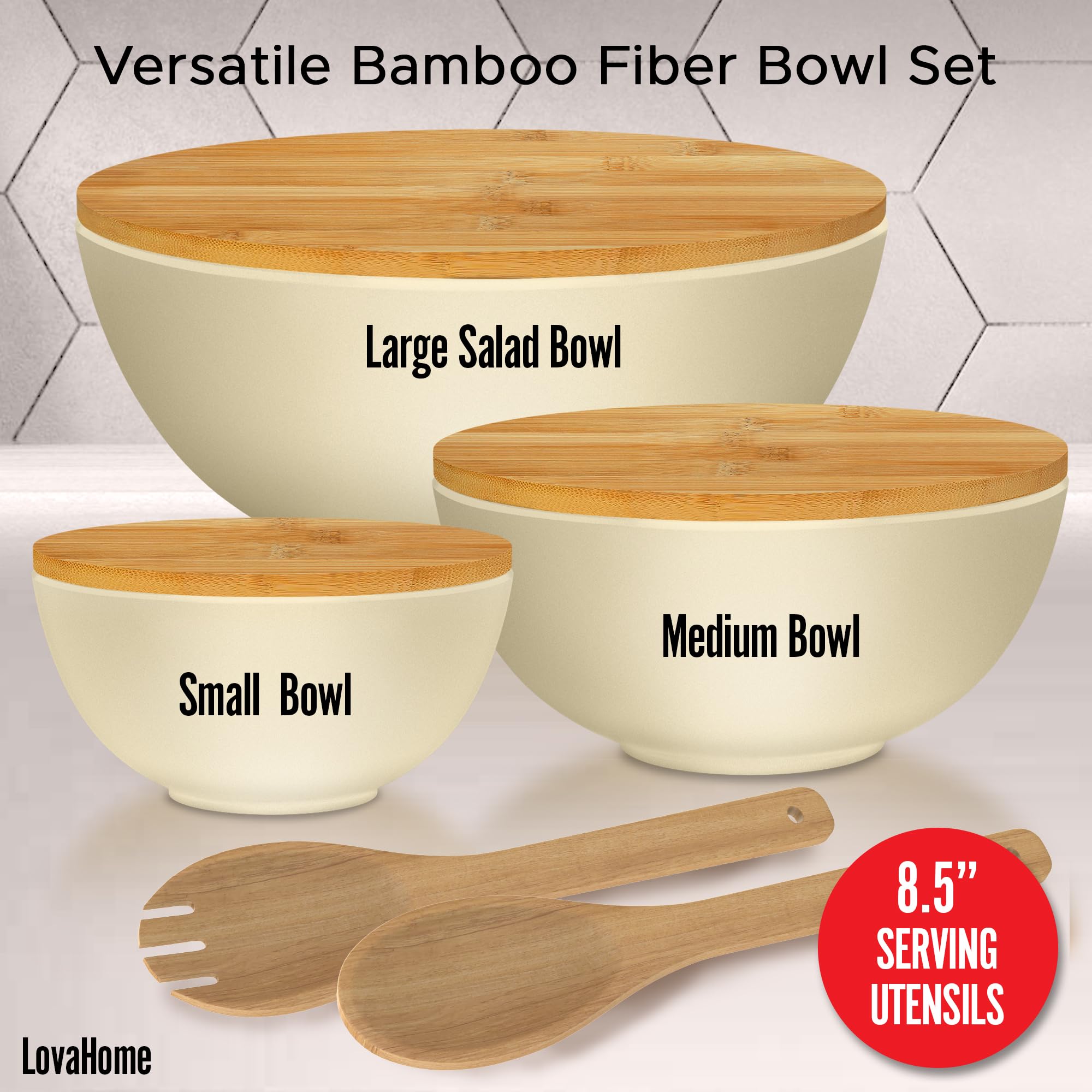 Large Bamboo Salad Bowl Set with Cutting Board Lids and Serving Utensils - Small, Medium and Big Salad Bowl with Lid - White Dish Set - Bamboo Mixing Bowls Set for Chips, Dip, Fruit, Popcorn, Parties