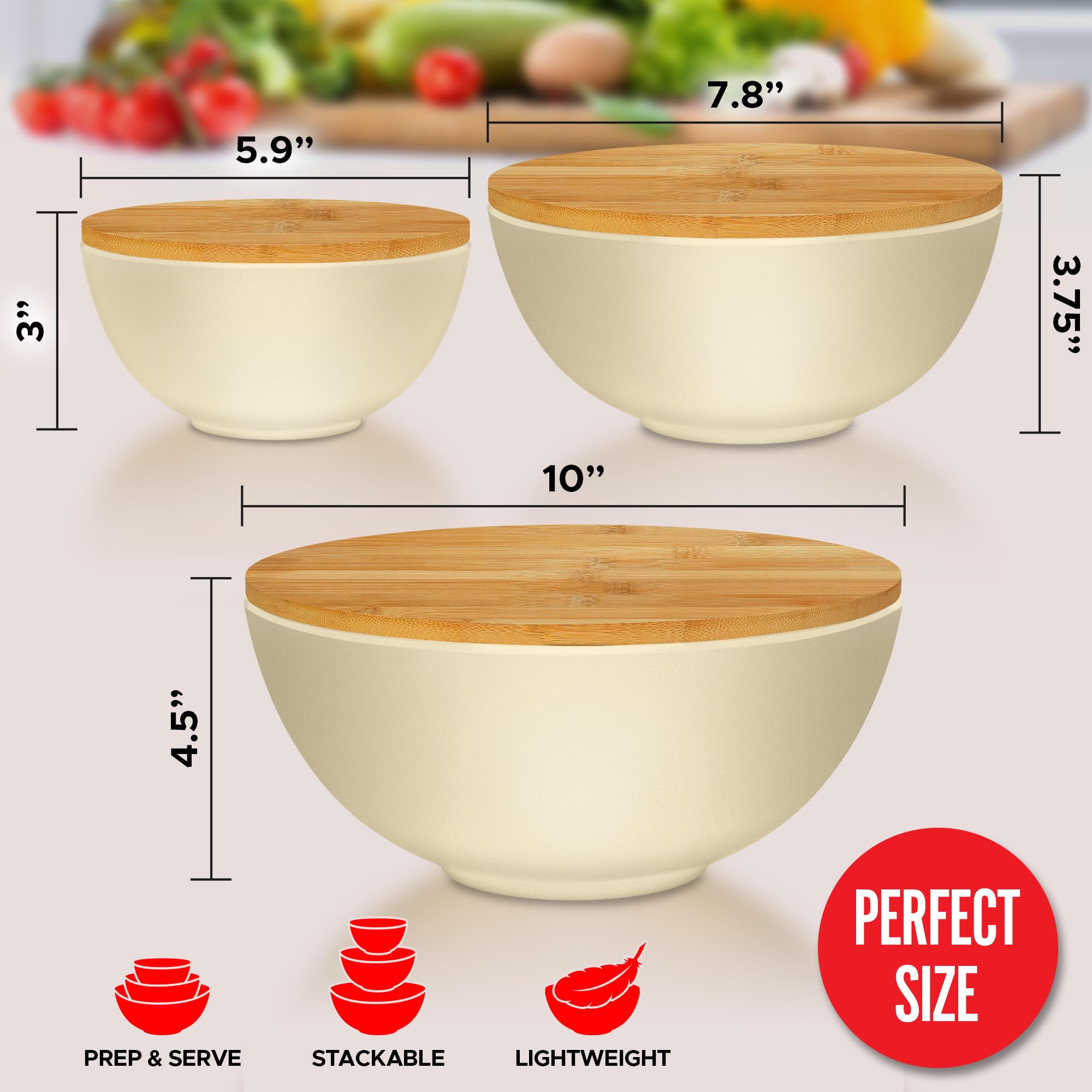 Large Bamboo Salad Bowl Set with Cutting Board Lids and Serving Utensils - Small, Medium and Big Salad Bowl with Lid - White Dish Set - Bamboo Mixing Bowls Set for Chips, Dip, Fruit, Popcorn, Parties