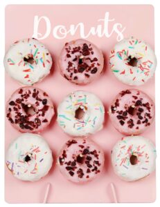 owoydoj donut wall display stand wood, reusable rustic doughnut board holder for baby showers, bridal shower, birthday, wedding, donut party supplies, holds 9 donuts (pink, 1)