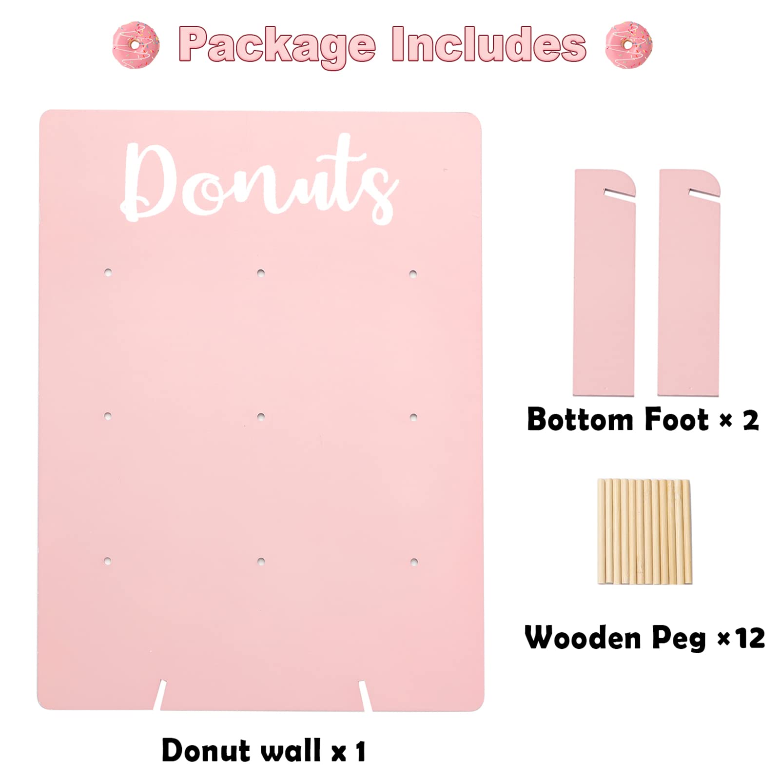 OWOYDOJ Donut Wall Display Stand Wood, Reusable Rustic Doughnut Board Holder for Baby Showers, Bridal Shower, Birthday, Wedding, Donut Party Supplies, Holds 9 Donuts (Pink, 1)