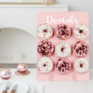 OWOYDOJ Donut Wall Display Stand Wood, Reusable Rustic Doughnut Board Holder for Baby Showers, Bridal Shower, Birthday, Wedding, Donut Party Supplies, Holds 9 Donuts (Pink, 1)