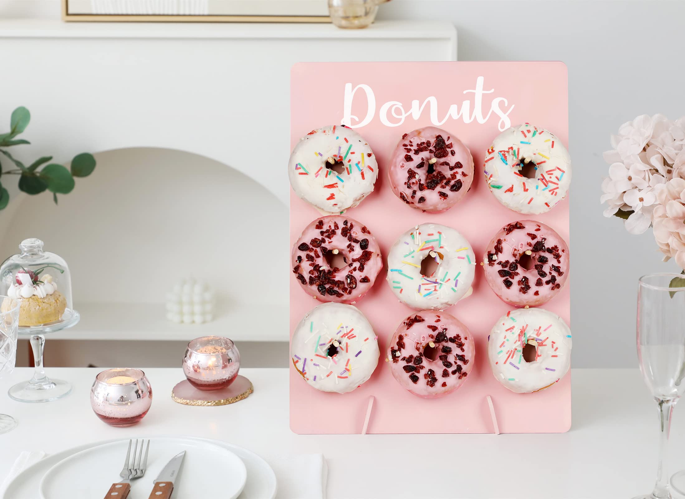 OWOYDOJ Donut Wall Display Stand Wood, Reusable Rustic Doughnut Board Holder for Baby Showers, Bridal Shower, Birthday, Wedding, Donut Party Supplies, Holds 9 Donuts (Pink, 1)