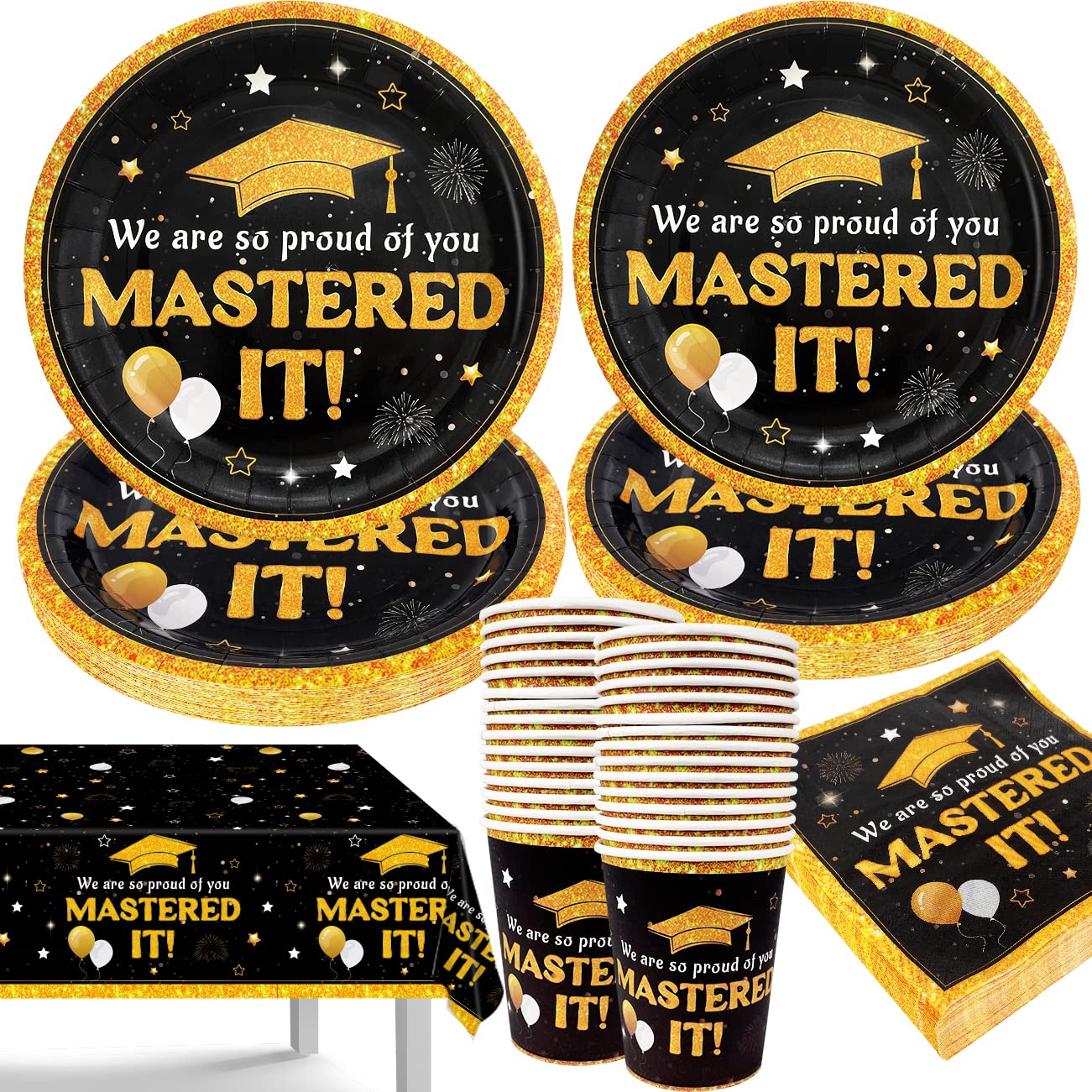 2024 Graduation Decorations Black and Gold Graduation Plates Class of 2024 Mastered It Disposable Paper Dinnerware Set for College High School Graduation Party Serve 30