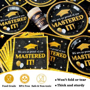 2024 Graduation Decorations Black and Gold Graduation Plates Class of 2024 Mastered It Disposable Paper Dinnerware Set for College High School Graduation Party Serve 30