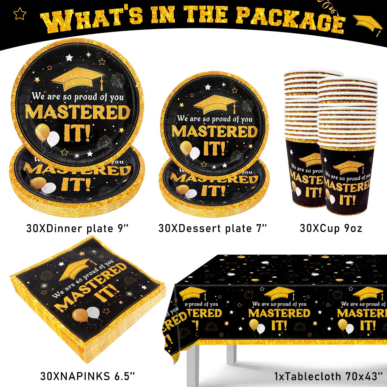 2024 Graduation Decorations Black and Gold Graduation Plates Class of 2024 Mastered It Disposable Paper Dinnerware Set for College High School Graduation Party Serve 30