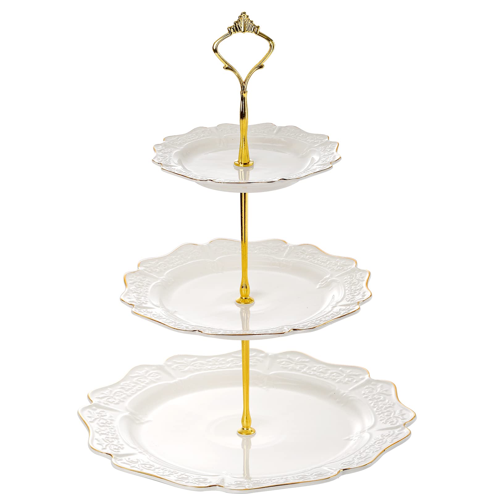 Lyellfe 3 Tier Ceramic Cupcake Stand, White Embossed Dessert Cake Stand with Gold Rim, Decorative Tea Party Serving Platter, Tea Sandwich Tray for Party, Wedding, Candle Light Dinner