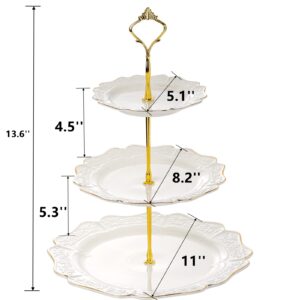 Lyellfe 3 Tier Ceramic Cupcake Stand, White Embossed Dessert Cake Stand with Gold Rim, Decorative Tea Party Serving Platter, Tea Sandwich Tray for Party, Wedding, Candle Light Dinner