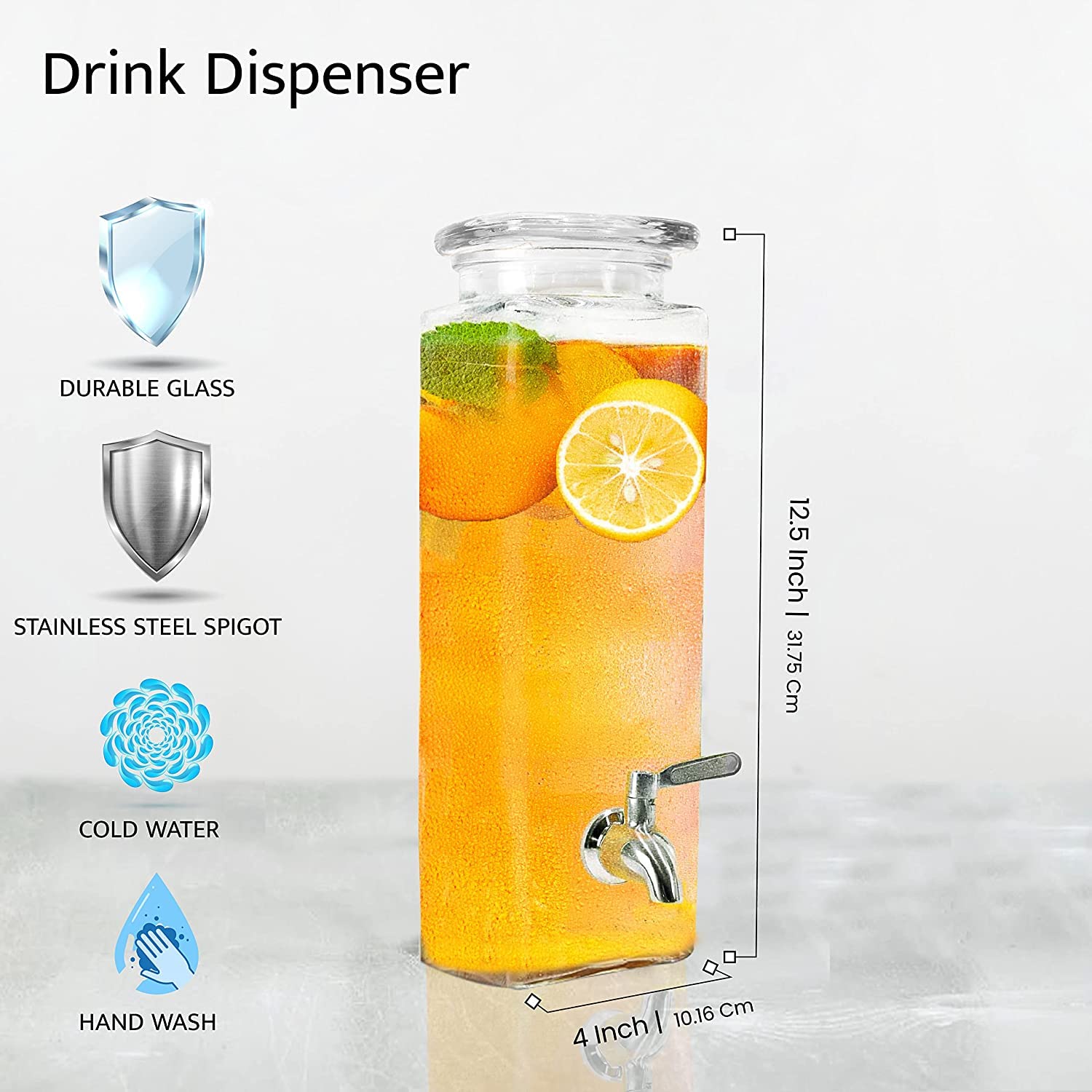 Tall Square Glass Jar Drink Dispenser - Gravity Beverage Dispenser With Stainless Steel Spigot, 80 oz (2.36 Liters)