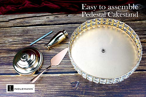 LINDLEMANN - Shiny Cake Stand - Decorative Metal Cake Holder w/Spatula - Round Stand w/Mineral Crystals -Serving Plate Dessert Table Display - Easter Dessert Tray-Rose Gold(12 in)