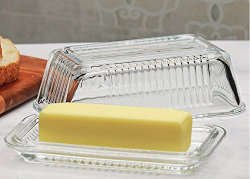 Circleware Farm Glass Butter Dish with Glass Lid, Multi-Purpose Preserving Serving Dessert Dish Tray, 6.75" x 4", Glassware for Cream Cheese, Cake, Salad, Candy, Foods & Best Selling Gift Ideas