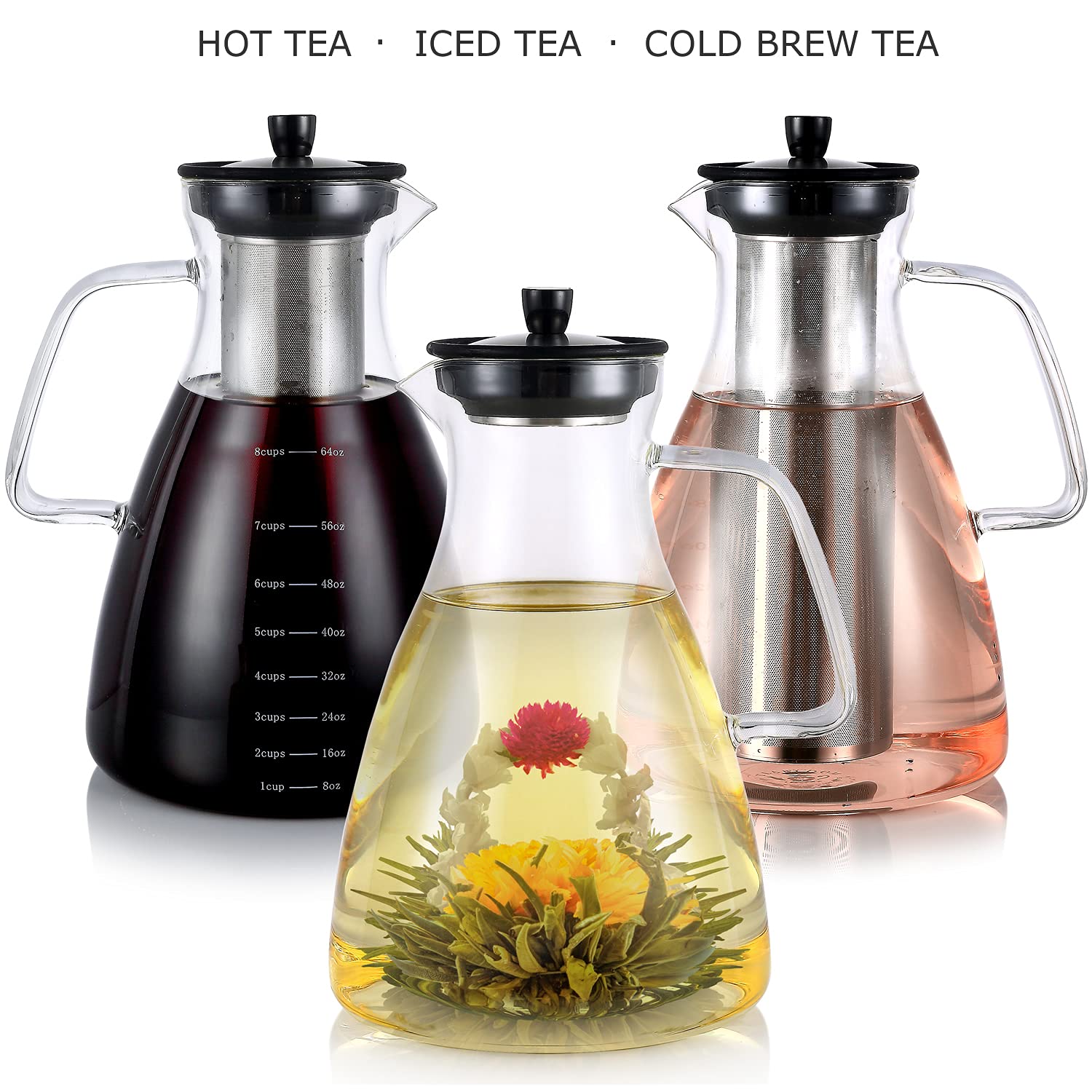 Teabloom Extra-Large Multi-Brew Glass Teapot + Kettle + Pitcher (68 OZ / 2.0 L / 8 CUPS) – For Hot Tea, Iced Tea, Cold Brew Tea and Fruit Infused Water – Volume Markings For Precise Brewing