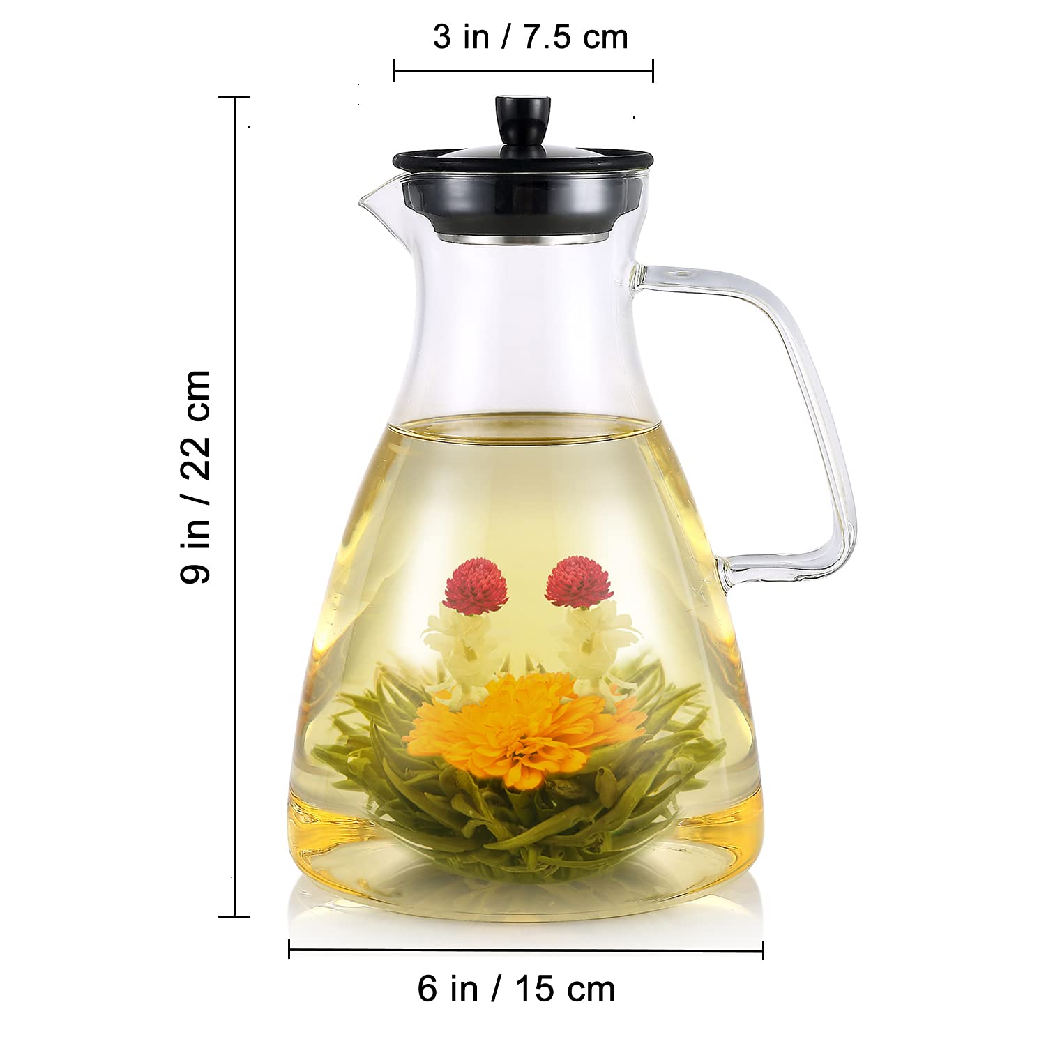 Teabloom Extra-Large Multi-Brew Glass Teapot + Kettle + Pitcher (68 OZ / 2.0 L / 8 CUPS) – For Hot Tea, Iced Tea, Cold Brew Tea and Fruit Infused Water – Volume Markings For Precise Brewing