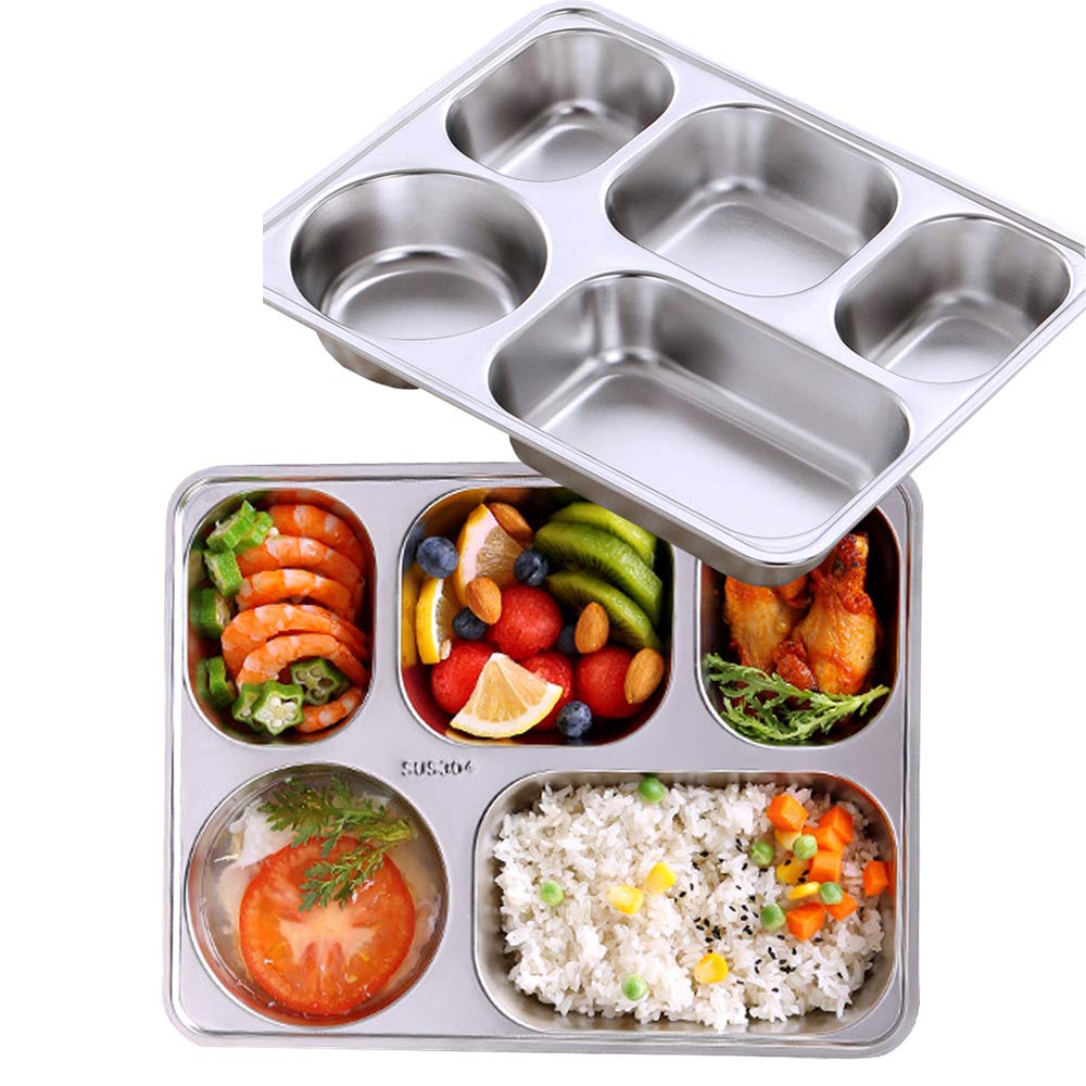 AIYoo Set of 2 Stainless Steel Rectangular Divided Plates Tray 5 Sections Dinner Plates for Adults - Unbreakable Metal Plate for Campers, and Portion Control Reusable Plate