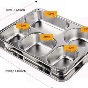 AIYoo Set of 2 Stainless Steel Rectangular Divided Plates Tray 5 Sections Dinner Plates for Adults - Unbreakable Metal Plate for Campers, and Portion Control Reusable Plate