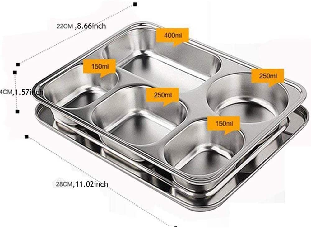 AIYoo Set of 2 Stainless Steel Rectangular Divided Plates Tray 5 Sections Dinner Plates for Adults - Unbreakable Metal Plate for Campers, and Portion Control Reusable Plate