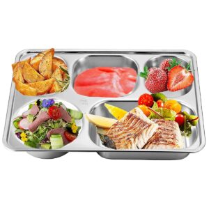 AIYoo Set of 2 Stainless Steel Rectangular Divided Plates Tray 5 Sections Dinner Plates for Adults - Unbreakable Metal Plate for Campers, and Portion Control Reusable Plate