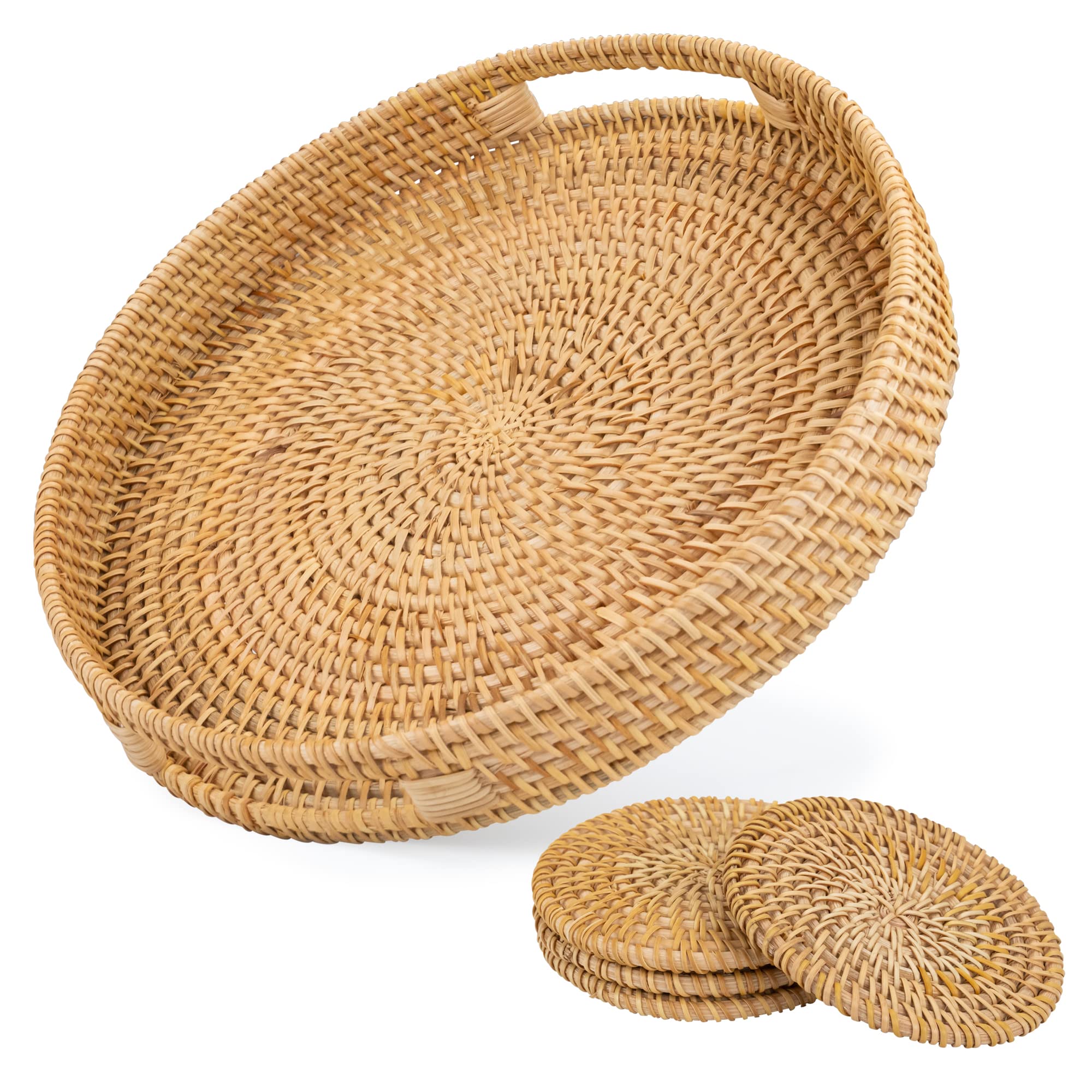 Handwoven 12.6" Large Round Rattan Serving Tray with Handles & Drink Coasters – Decorative Coffee Table Ottoman Woven Wicker Fruit Basket – Boho Circular Living Room Home Decor