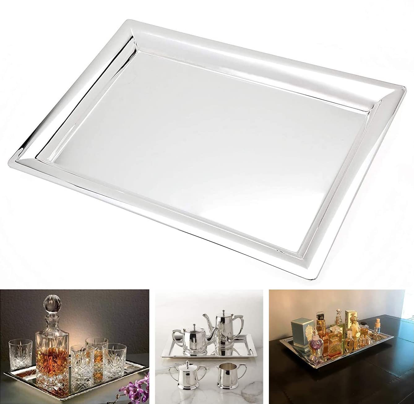 Le'raze Elegant Mirrored Rectangular Silver Tray, Mirrored Tray for Whiskey Decanter, Candle Sticks, Vanity Set, Perfume Tray, and Serving