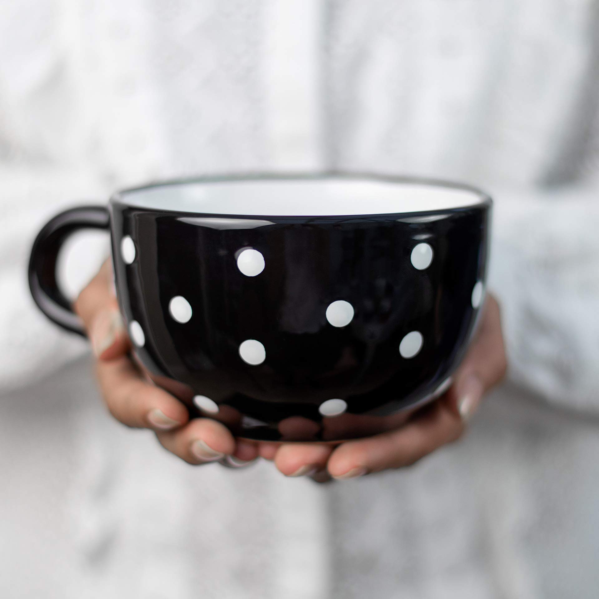 City to Cottage Handmade Ceramic Designer Black and White Polka Dot Cup, Unique Extra Large 17.5oz/500ml Pottery Cappuccino, Coffee, Tea, Soup Mug | Housewarming Gift for Tea Lovers