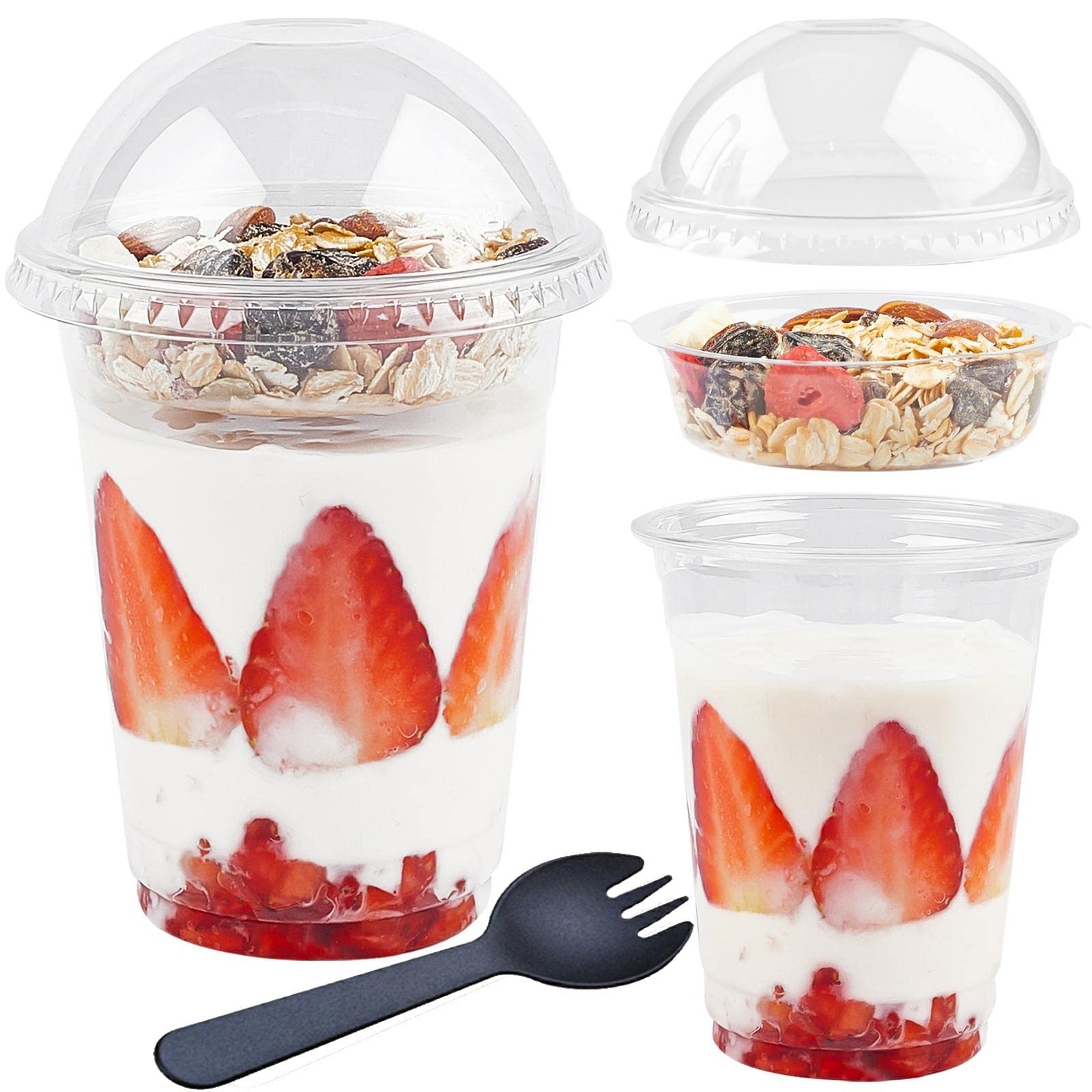 Zezzxu 12 oz Plastic Yogurt Parfait Cups with Dome Lids Inserts and Sporks, 50 Pack Disposable Parfait Conatiners On the Go for Fruit Cereal Oatmeal Dips and Veggies