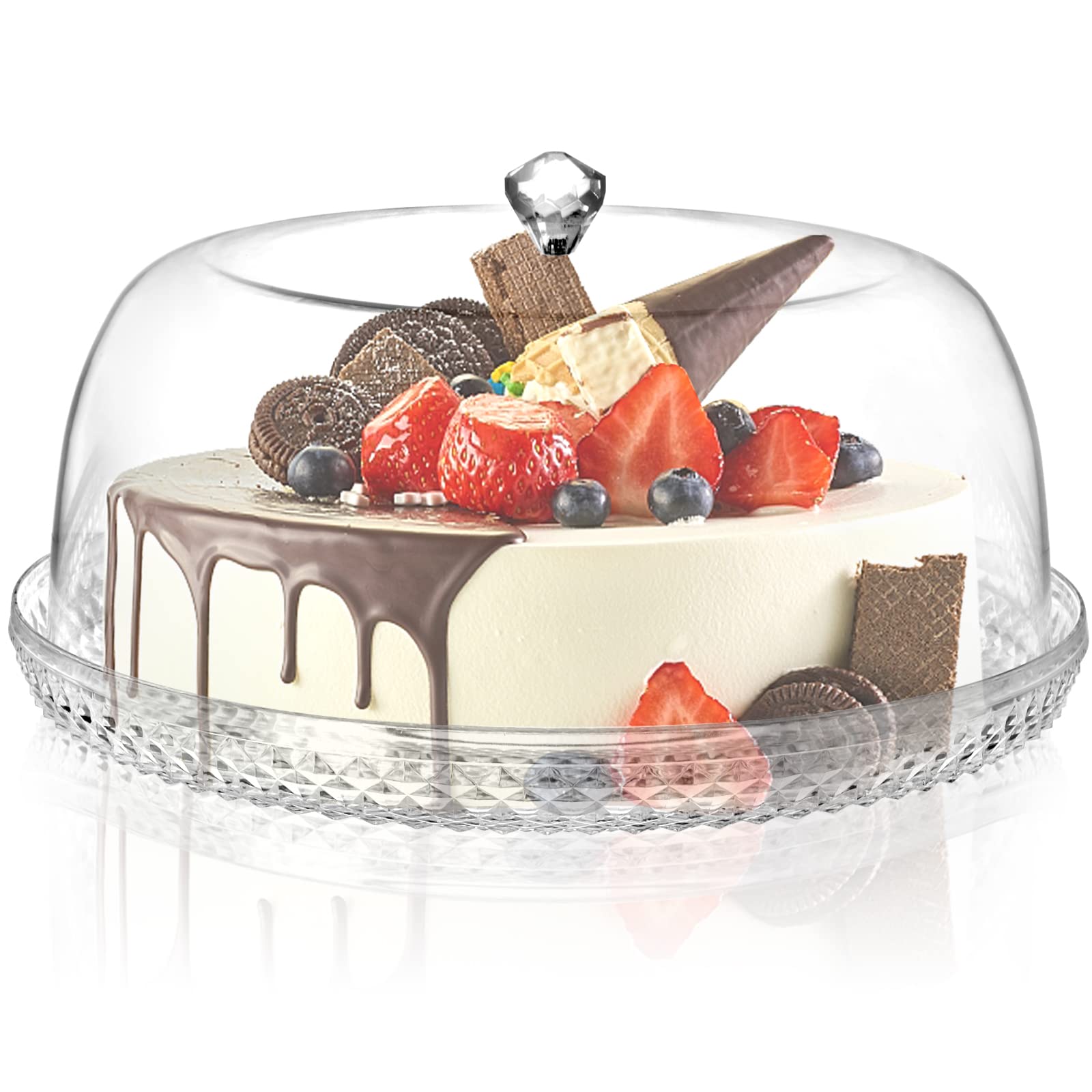 AVLA Acrylic Cake Plate with Dome, 13 Inch Cake Stand with Cover, Diamond Pattern Serving Platter with Lid for Display, Party, Entertaining, Diamond Shaped Handle