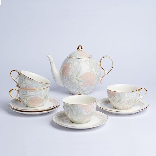 Taimei Teatime Porcelain Tea Set, European Teapot Set with 1 Teapot with Infuser (37 oz), 4 Tea Cups and Saucers, Tea Set for Woman with Lily Floral Pattern, Tea Gift Set For Tea Lover and Woman