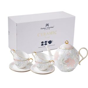 Taimei Teatime Porcelain Tea Set, European Teapot Set with 1 Teapot with Infuser (37 oz), 4 Tea Cups and Saucers, Tea Set for Woman with Lily Floral Pattern, Tea Gift Set For Tea Lover and Woman