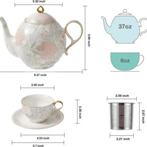 Taimei Teatime Porcelain Tea Set, European Teapot Set with 1 Teapot with Infuser (37 oz), 4 Tea Cups and Saucers, Tea Set for Woman with Lily Floral Pattern, Tea Gift Set For Tea Lover and Woman