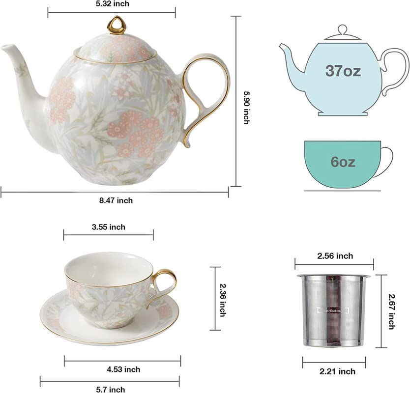 Taimei Teatime Porcelain Tea Set, European Teapot Set with 1 Teapot with Infuser (37 oz), 4 Tea Cups and Saucers, Tea Set for Woman with Lily Floral Pattern, Tea Gift Set For Tea Lover and Woman