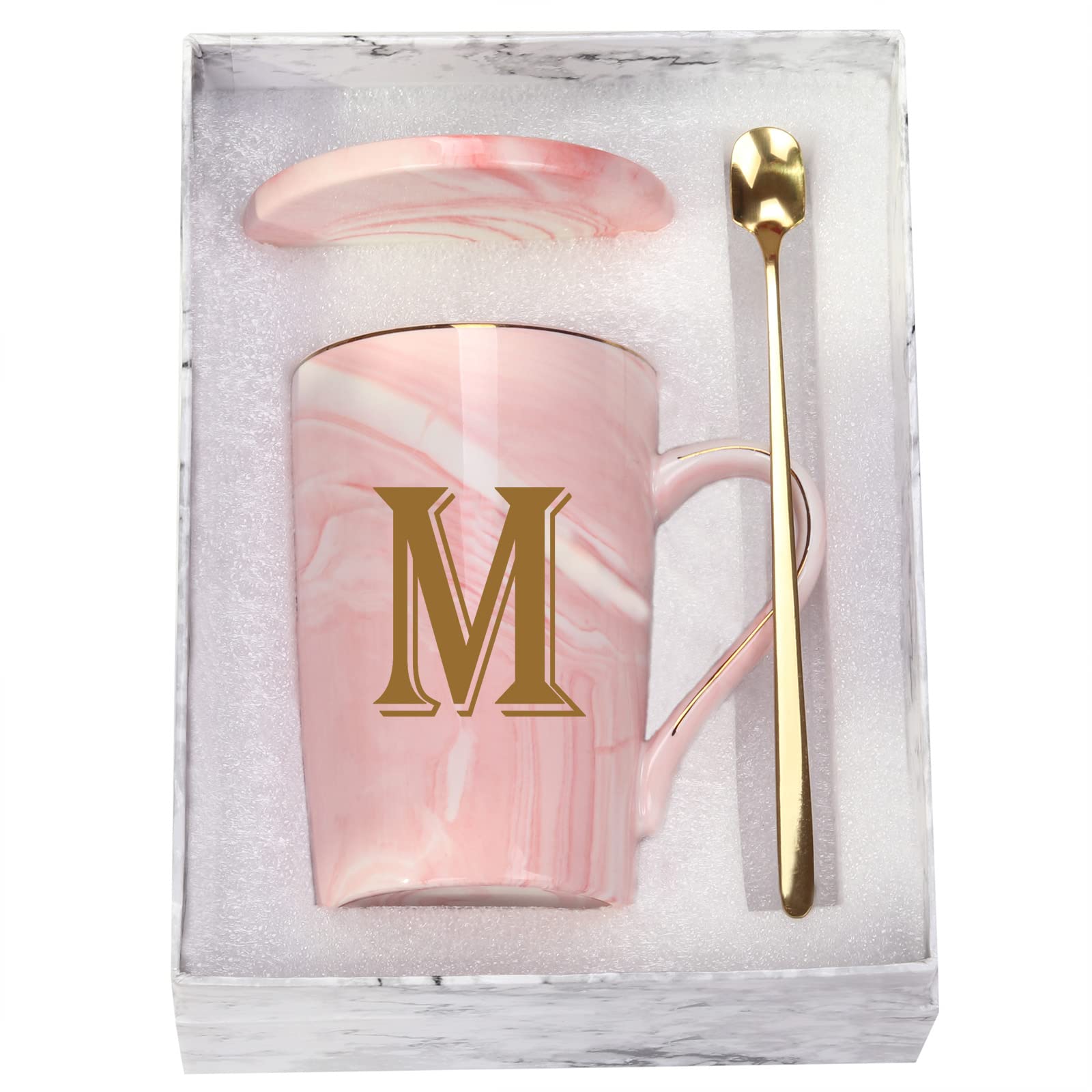 Letter M Personalized Initial Mug, Letter M Personalized Marble Coffee Mug, Letter Coffee Mugs for Women, Bridal Shower Gifts, Man and Women's Initials Gifts Mug 14 Ounce Pink with Gift Box