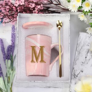 Letter M Personalized Initial Mug, Letter M Personalized Marble Coffee Mug, Letter Coffee Mugs for Women, Bridal Shower Gifts, Man and Women's Initials Gifts Mug 14 Ounce Pink with Gift Box