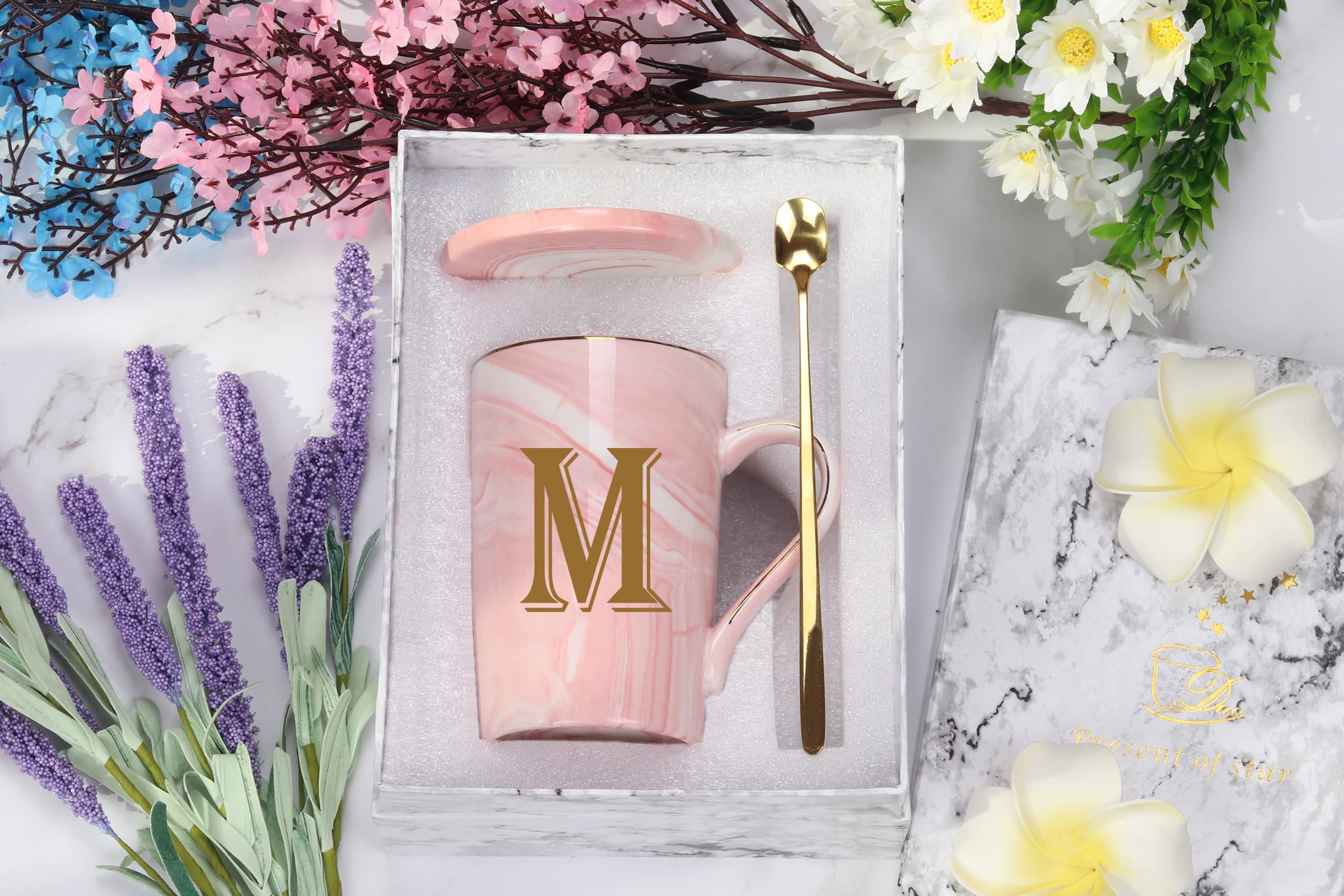 Letter M Personalized Initial Mug, Letter M Personalized Marble Coffee Mug, Letter Coffee Mugs for Women, Bridal Shower Gifts, Man and Women's Initials Gifts Mug 14 Ounce Pink with Gift Box