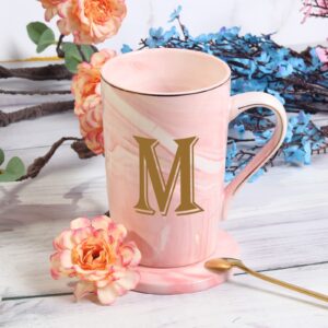 Letter M Personalized Initial Mug, Letter M Personalized Marble Coffee Mug, Letter Coffee Mugs for Women, Bridal Shower Gifts, Man and Women's Initials Gifts Mug 14 Ounce Pink with Gift Box