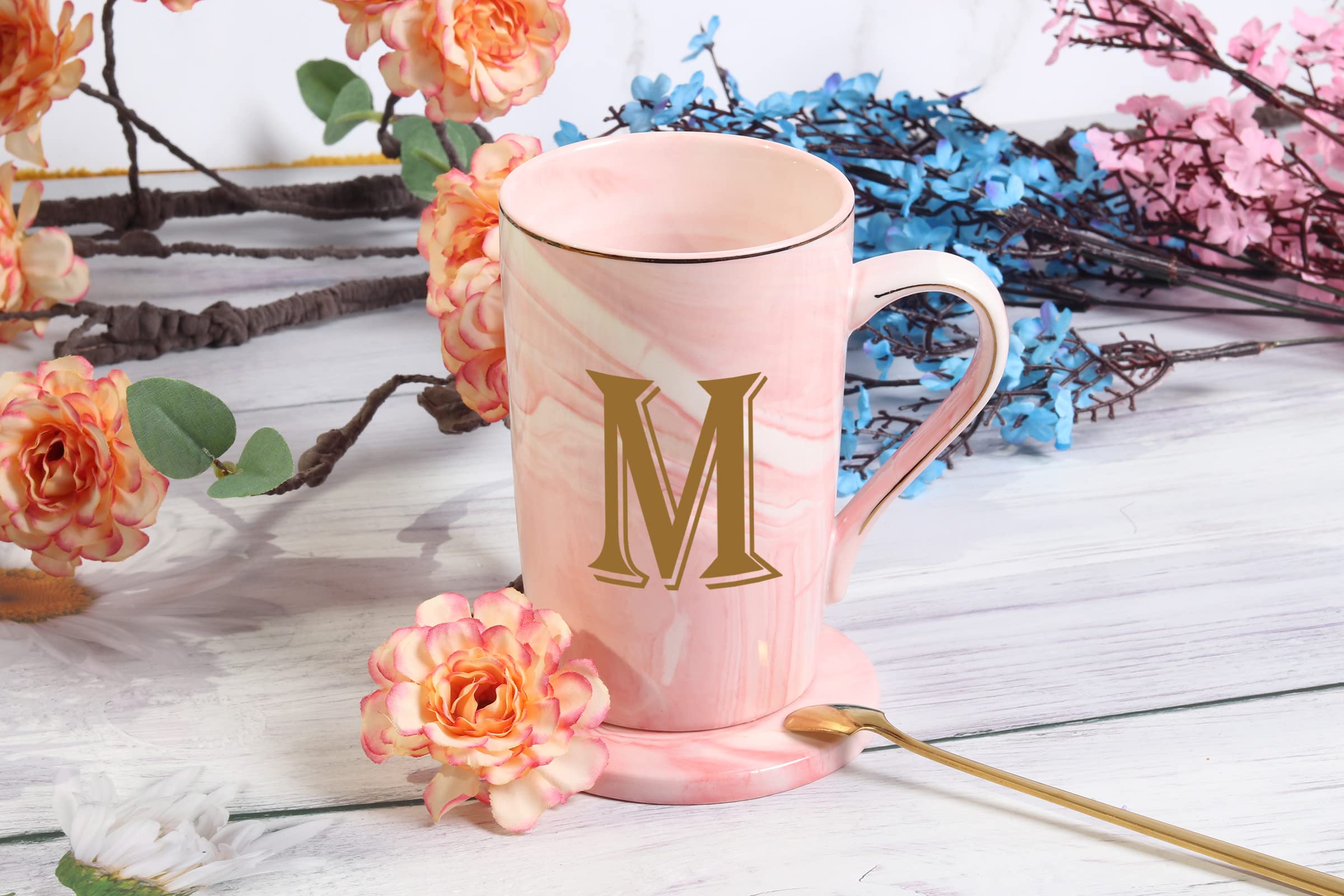 Letter M Personalized Initial Mug, Letter M Personalized Marble Coffee Mug, Letter Coffee Mugs for Women, Bridal Shower Gifts, Man and Women's Initials Gifts Mug 14 Ounce Pink with Gift Box