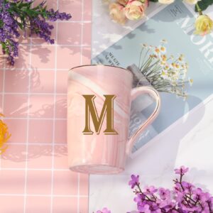 Letter M Personalized Initial Mug, Letter M Personalized Marble Coffee Mug, Letter Coffee Mugs for Women, Bridal Shower Gifts, Man and Women's Initials Gifts Mug 14 Ounce Pink with Gift Box